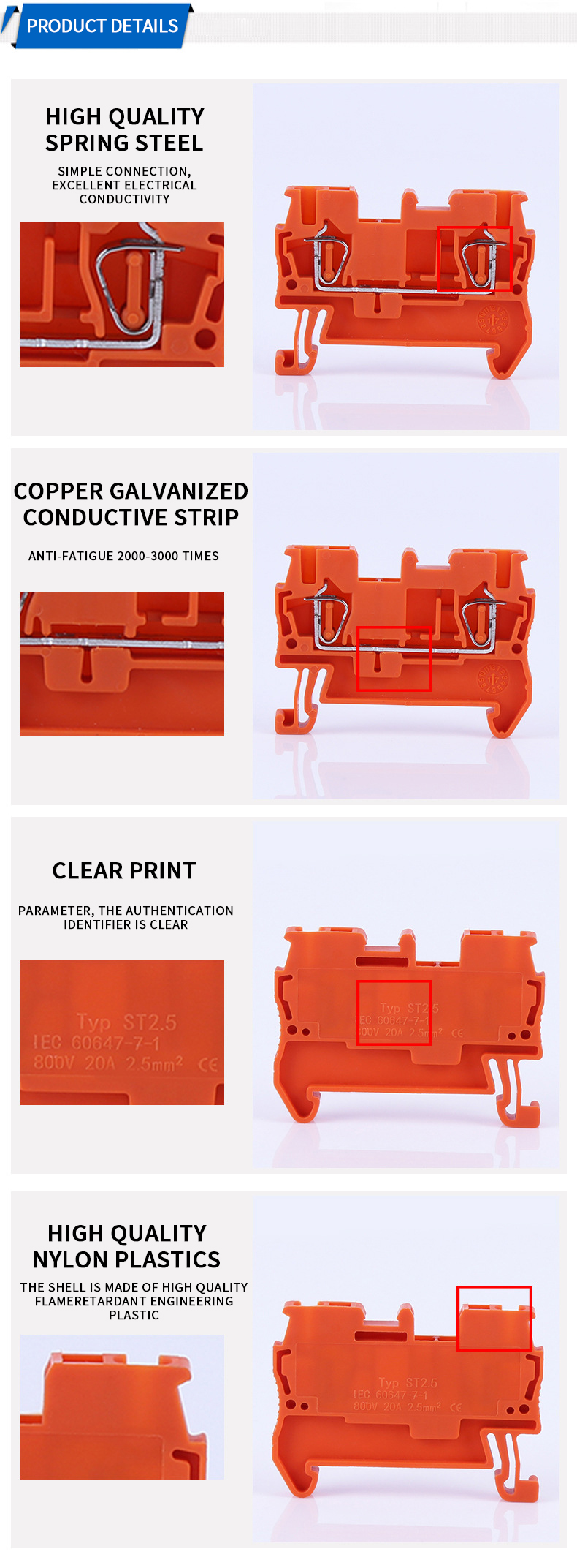 ST2.5 RED Push in Connection Feed Through DIN Rail screw plastic Brass ...