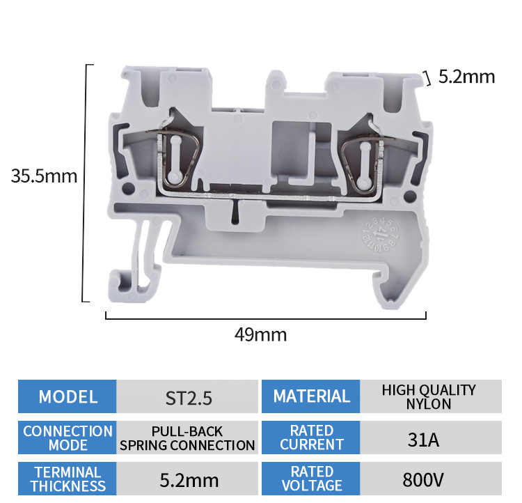 ST2.5 RED Push in Connection Feed Through DIN Rail screw plastic Brass ...